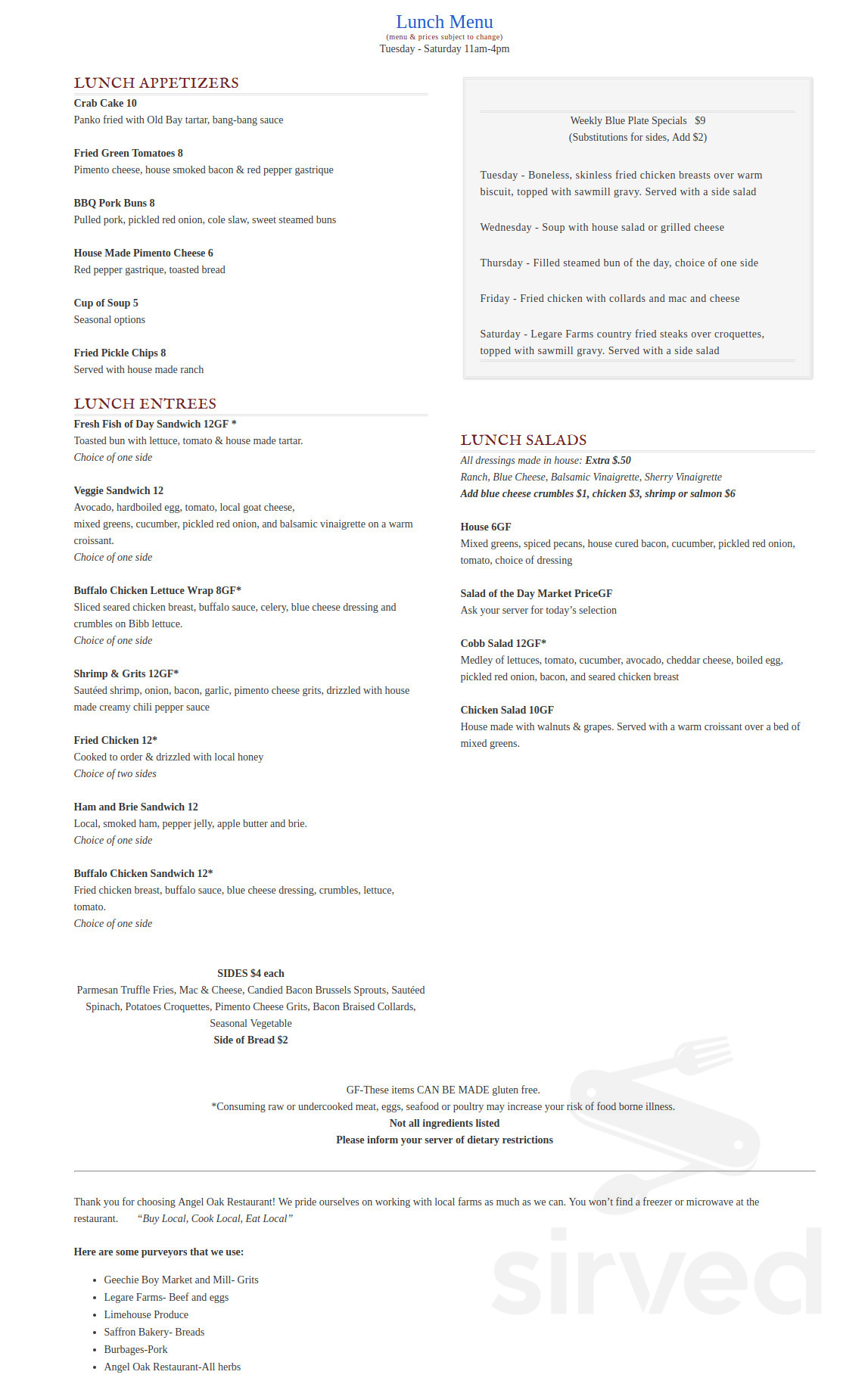 Angel Oak Restaurant and Bar menu in Johns Island, South Carolina, USA