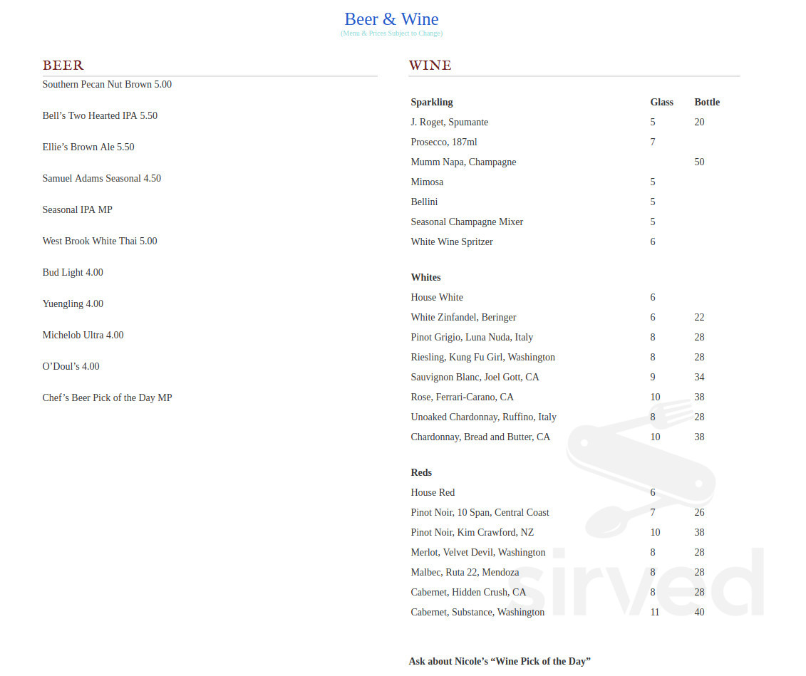 Angel Oak Restaurant and Bar menu in Johns Island, South Carolina, USA