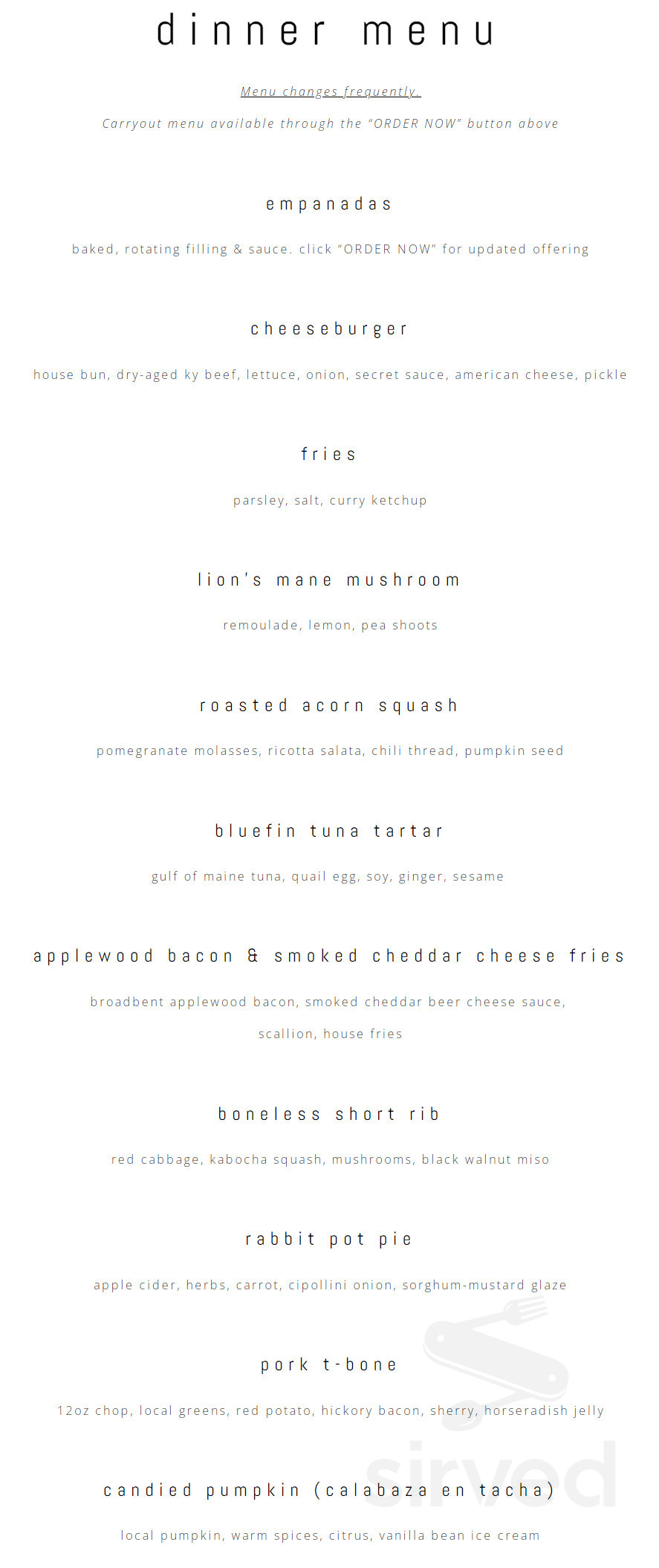 favor menu in Lexington, Kentucky, USA