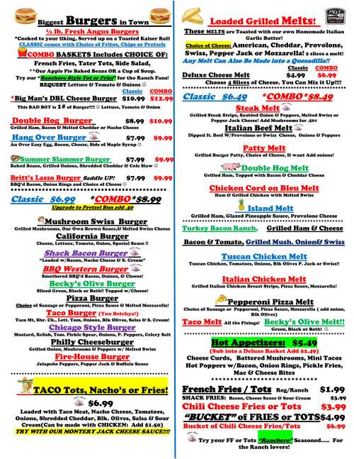 Becky's Sugar Shack Bakery/Cafe menu in Adams, Wisconsin, USA