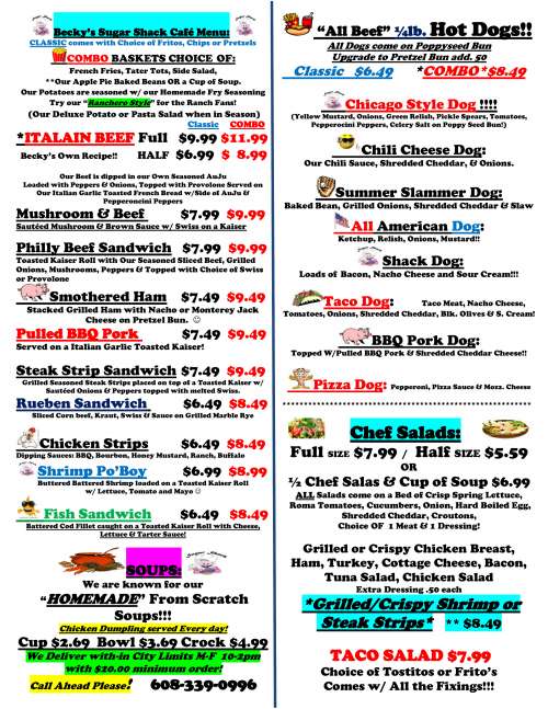 Becky's Sugar Shack Bakery/Cafe menu in Adams, Wisconsin, USA