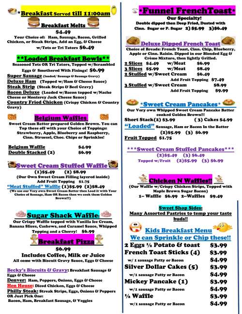 Becky's Sugar Shack Bakery/Cafe menu in Adams, Wisconsin, USA