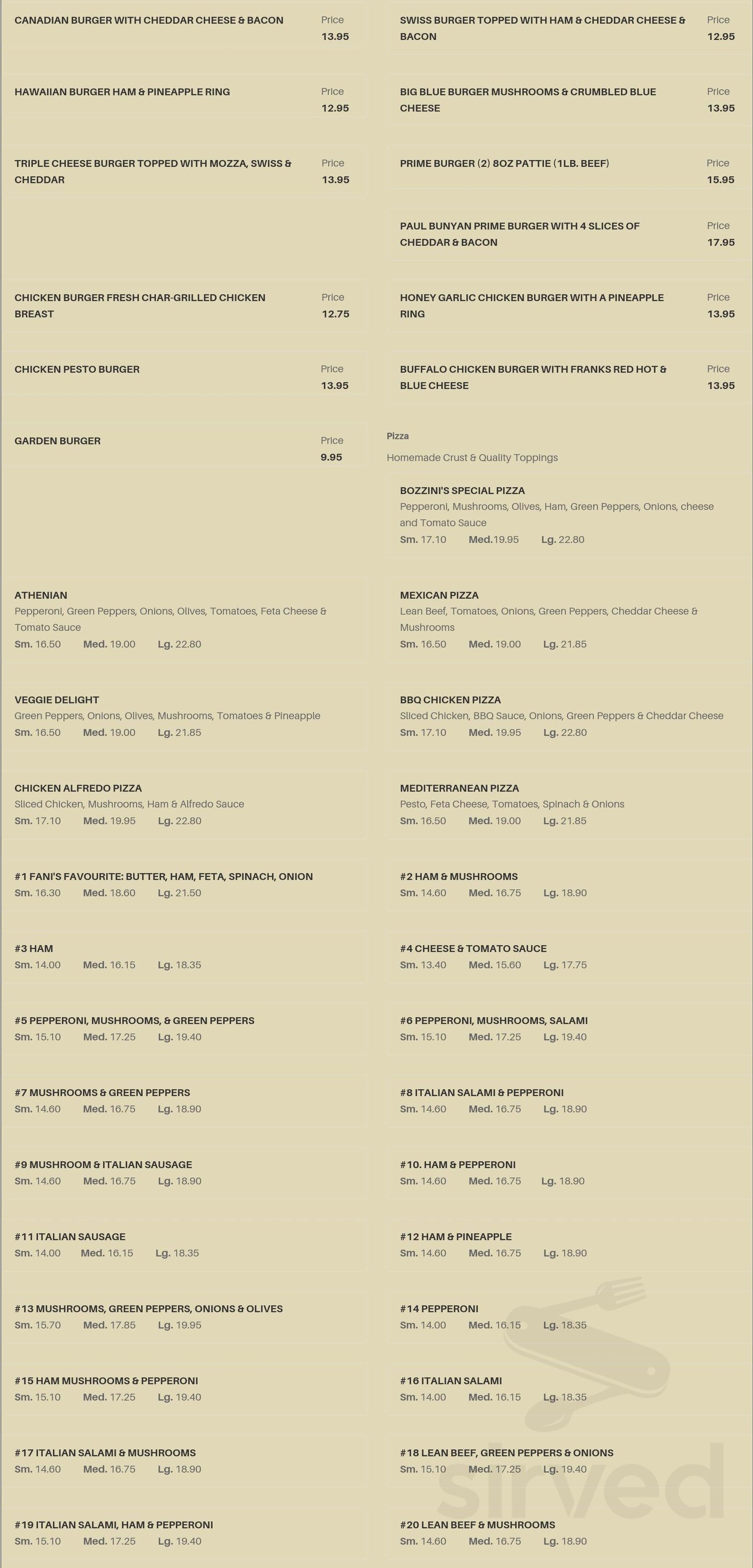 Bozzini's Restaurant menu in Chilliwack, British Columbia, Canada