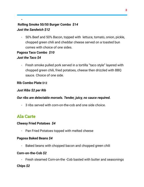 Pagosa Rolling Smoke menu in Pagosa Springs, Colorado, USA