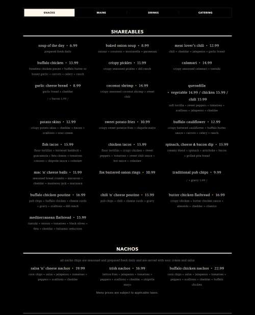 Fox And Fiddle menu in North Bay, Ontario, Canada