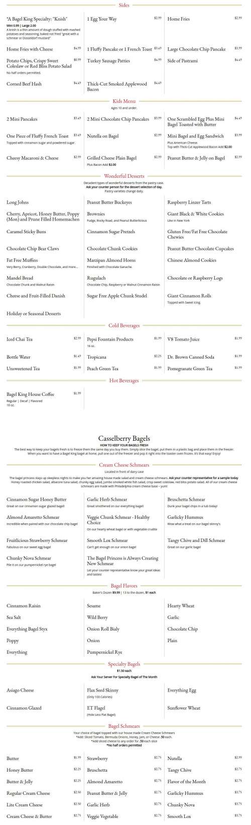 Bagel King menu in Casselberry, Florida, USA