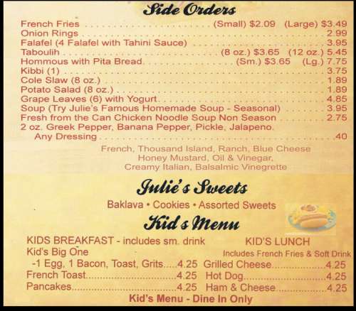Julie's Cafe menu in Jacksonville, Florida, USA