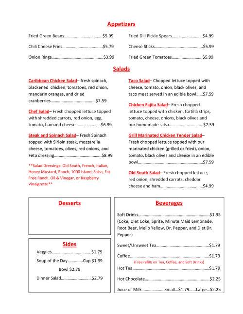 Old South Restaurant menu in Russellville, Arkansas, USA