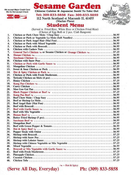 Sesame Garden menu in Macomb, Illinois, USA