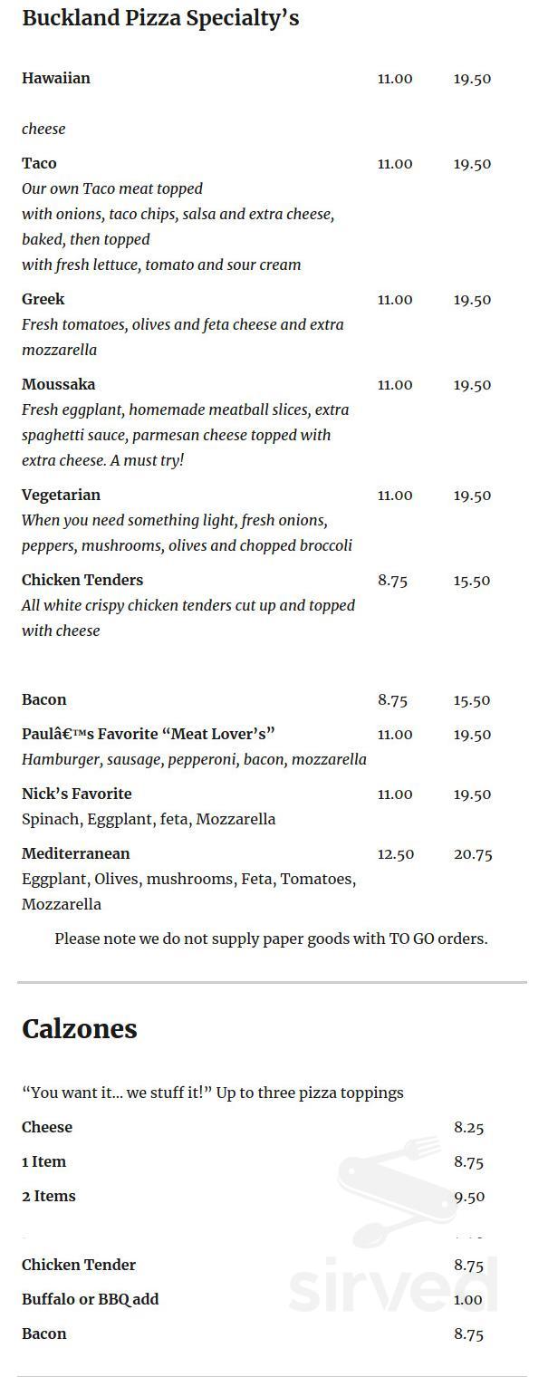 Buckland Pizza House menus in Shelburne Falls, Massachusetts, United States