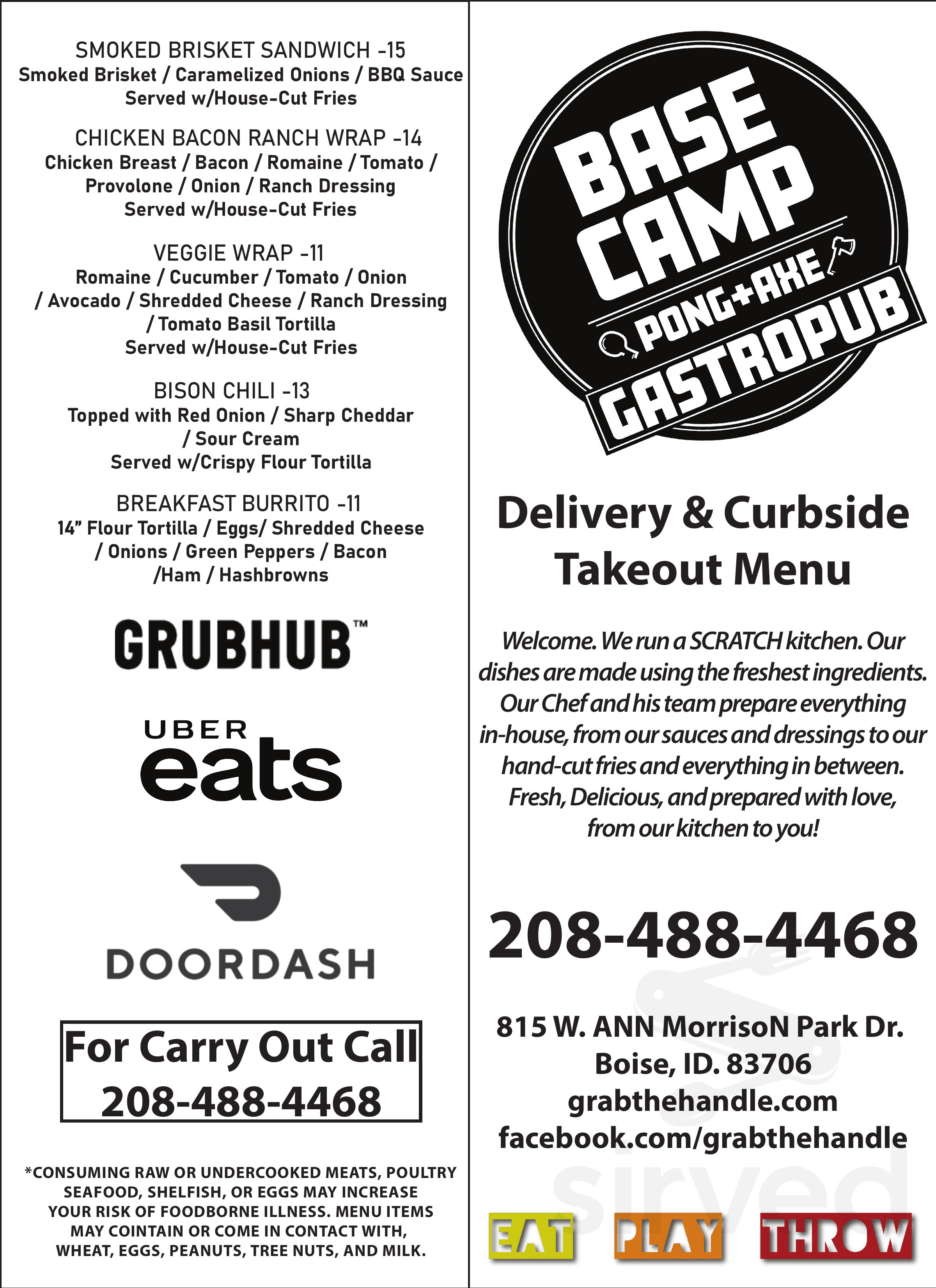 Base Camp Pong + Axe menu in Boise, Idaho, USA