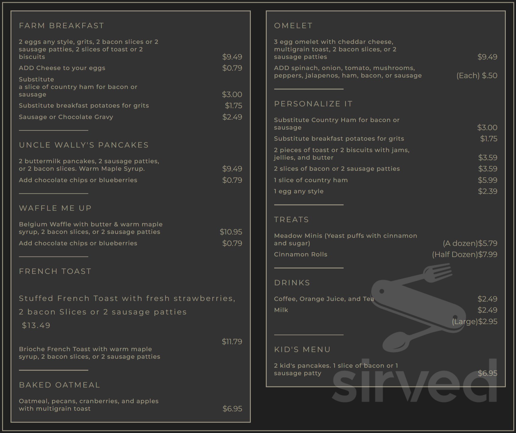 Menu for The Kitchen at Grace Meadows Farm in Jonesborough, TN | Sirved