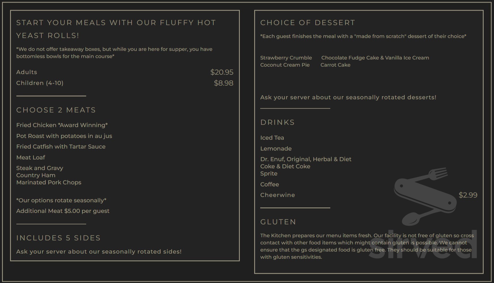 Menu for The Kitchen at Grace Meadows Farm in Jonesborough, TN | Sirved
