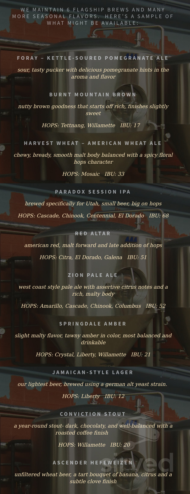 Menu for Zion Canyon Brew Pub in Springdale, UT | Sirved
