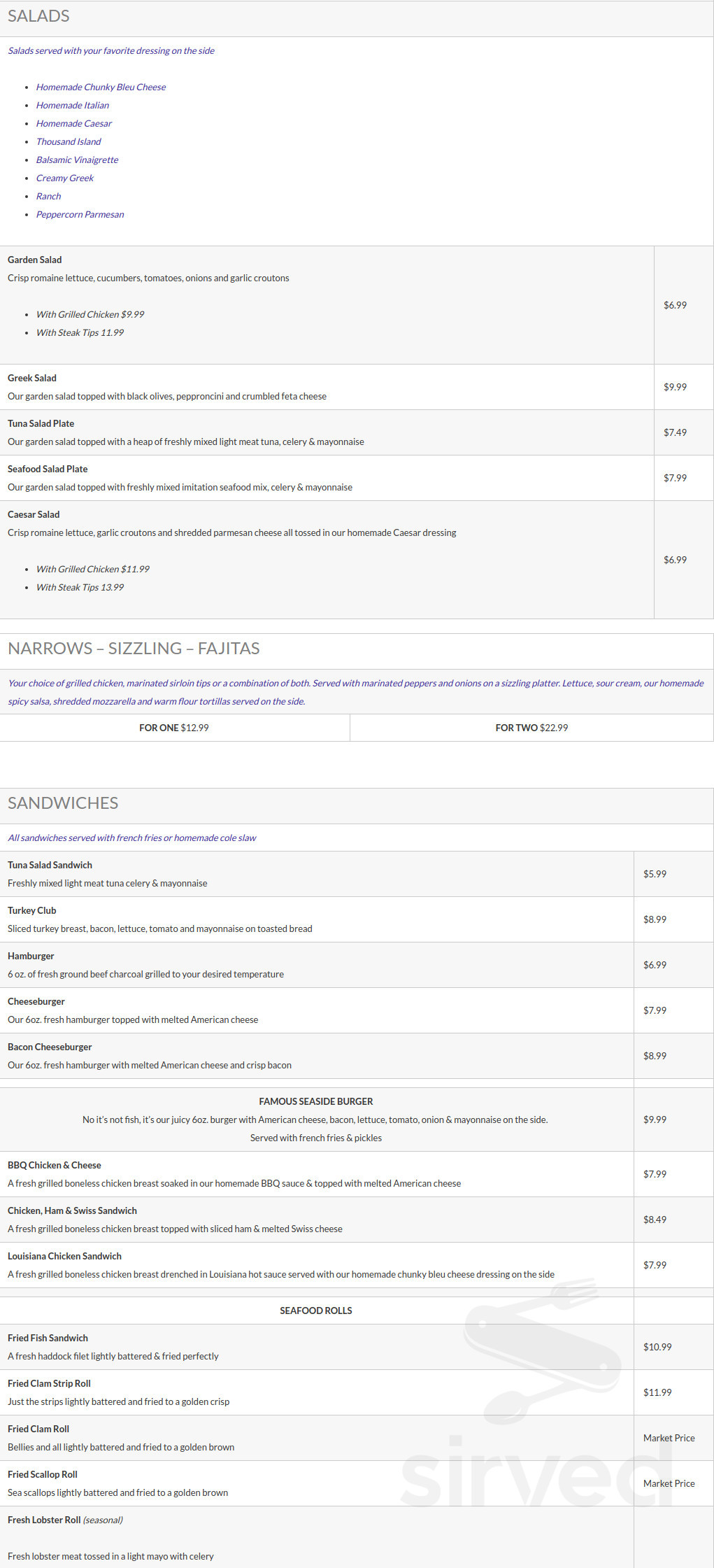 Narrow's Crossing Restaurant & Lounge menu in Wareham, Massachusetts, USA