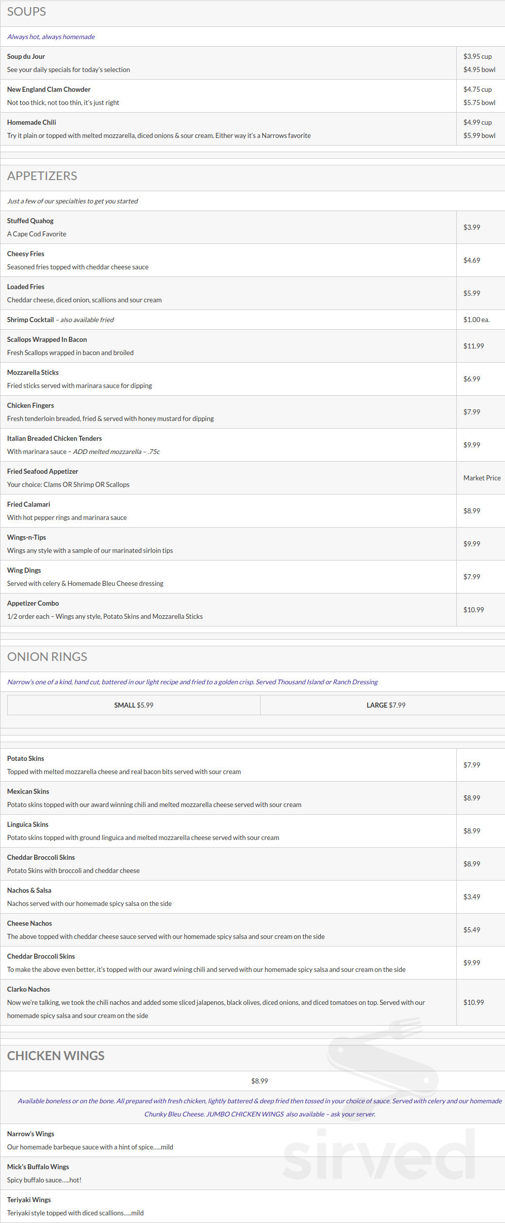 Narrow's Crossing Restaurant & Lounge menu in Wareham, Massachusetts, USA