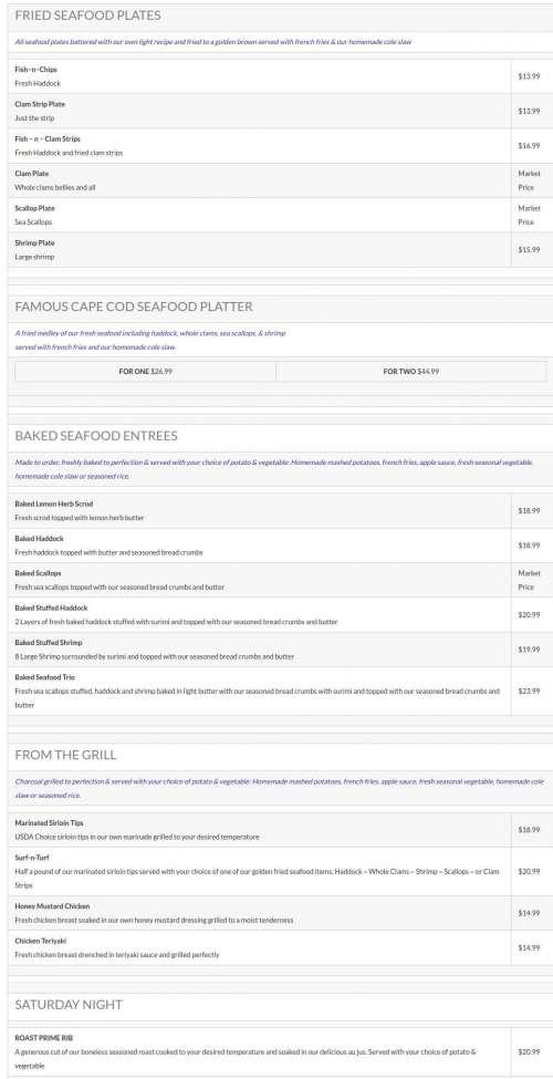 Narrow's Crossing Restaurant & Lounge menu in Wareham, Massachusetts, USA