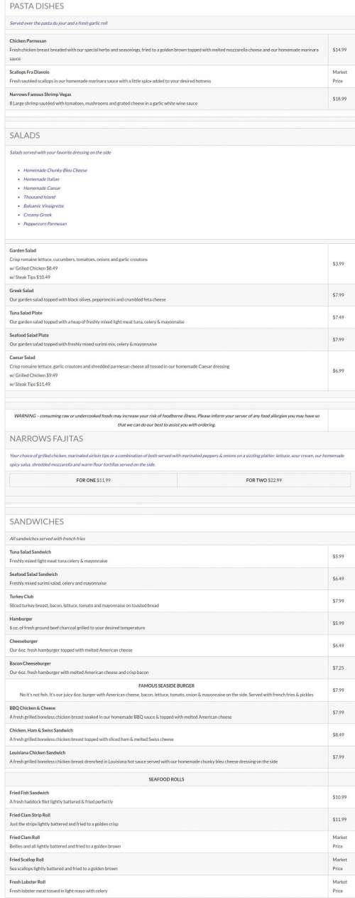 Narrow's Crossing Restaurant & Lounge menu in Wareham, Massachusetts, USA