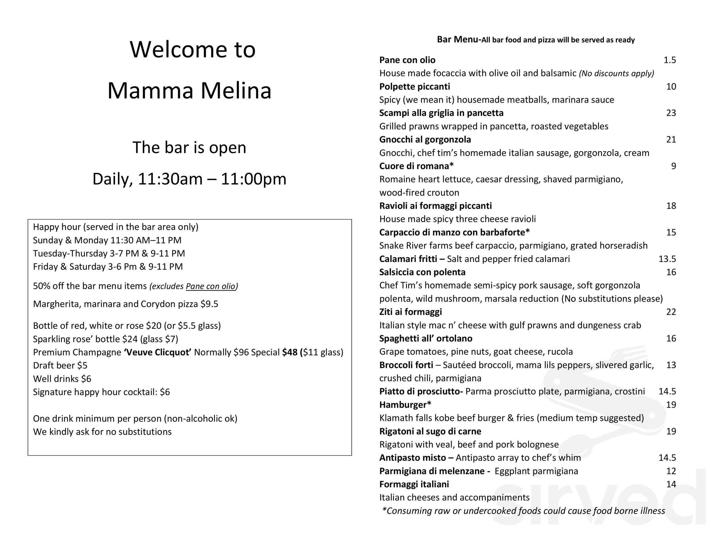 Mamma Melina Ristorante & Pizzeria menu in Seattle, Washington, USA