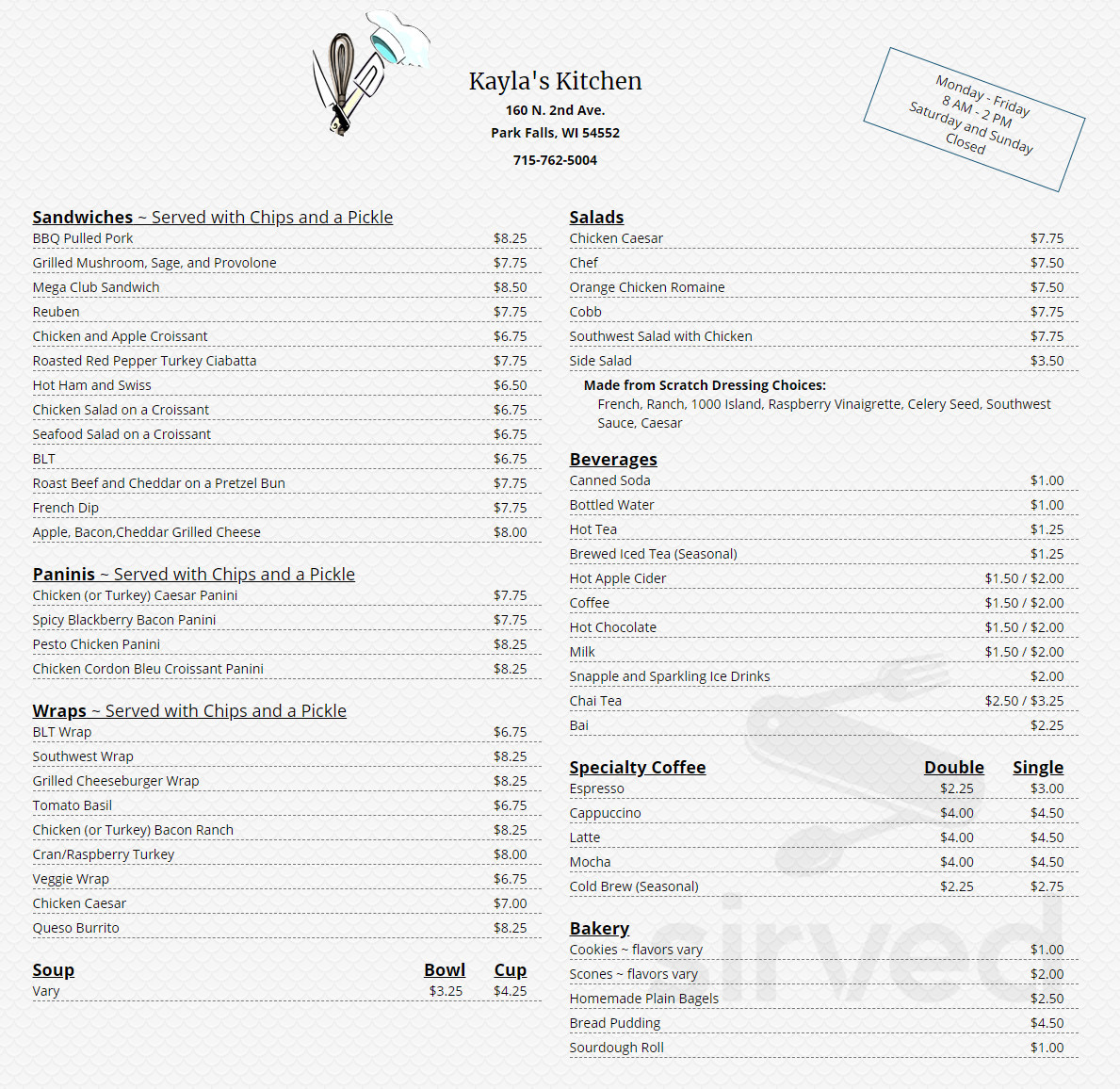 Kayla's Kitchen and Closet menu in Park Falls, Wisconsin, USA