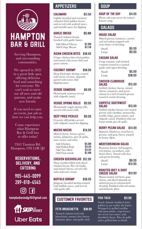 Hampton Bar and Grill menu in Hampton, Ontario, Canada