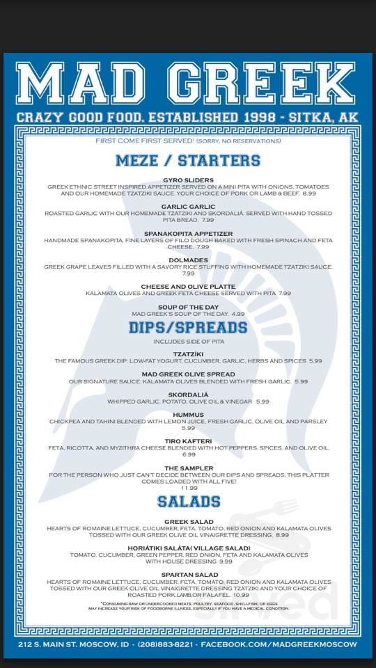 Mad Greek menus in Moscow, Idaho, United States