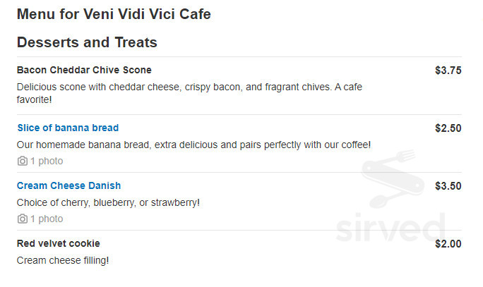 Veni Vidi Vici Cafe menu in Kannapolis, North Carolina, USA