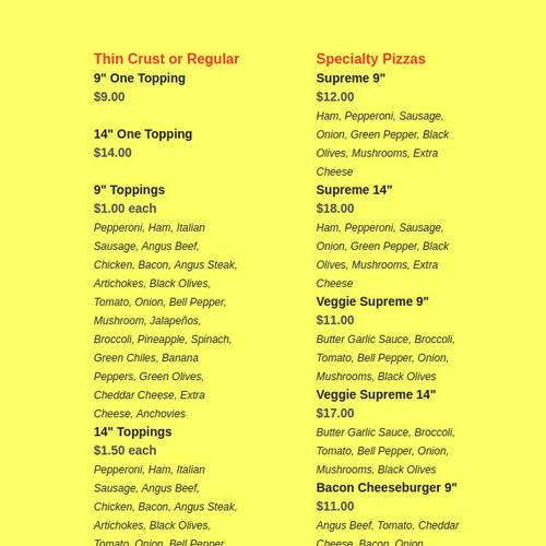 Pizza West menu in Stillwater, Oklahoma, USA