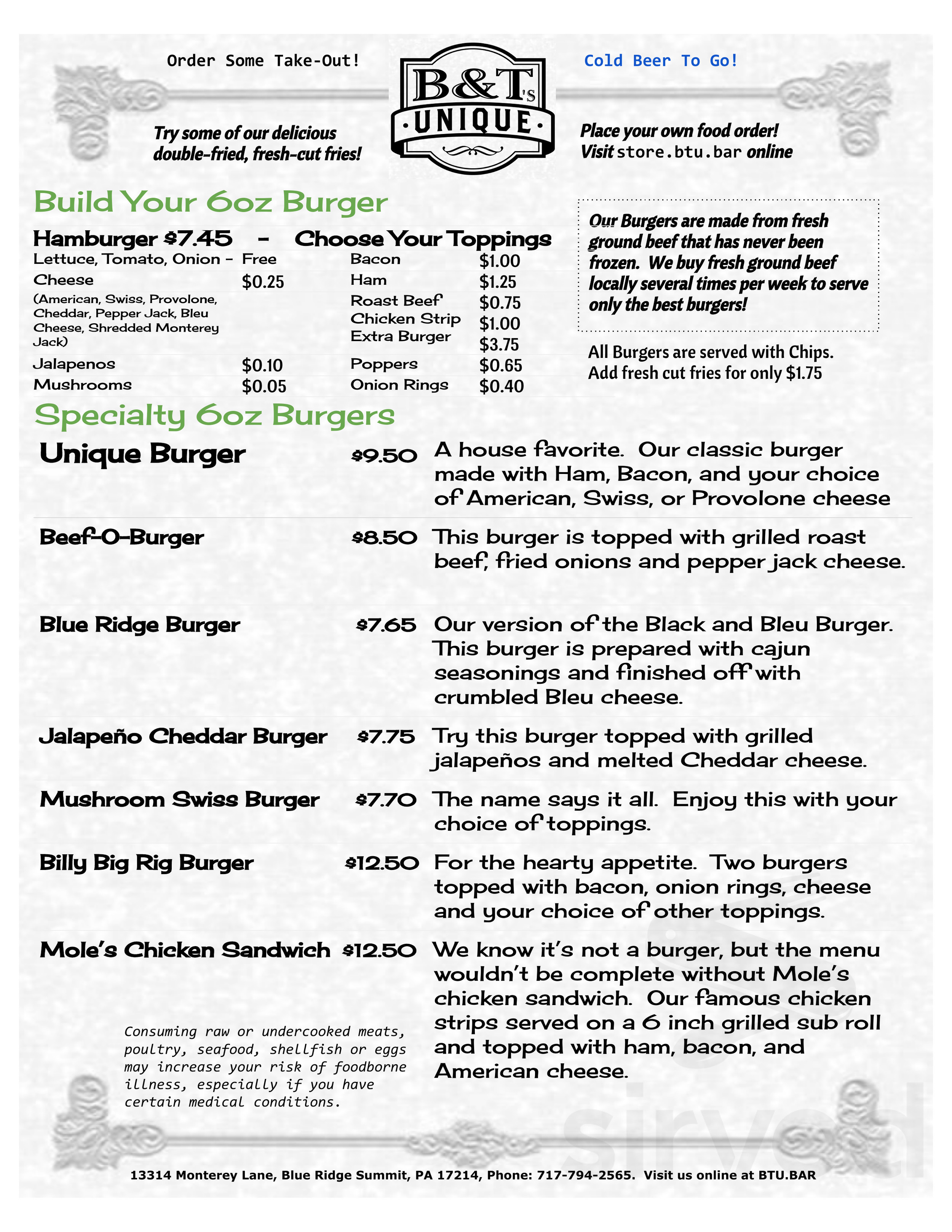 Unique Bar & Grill menu in Blue Ridge Summit, Pennsylvania, USA