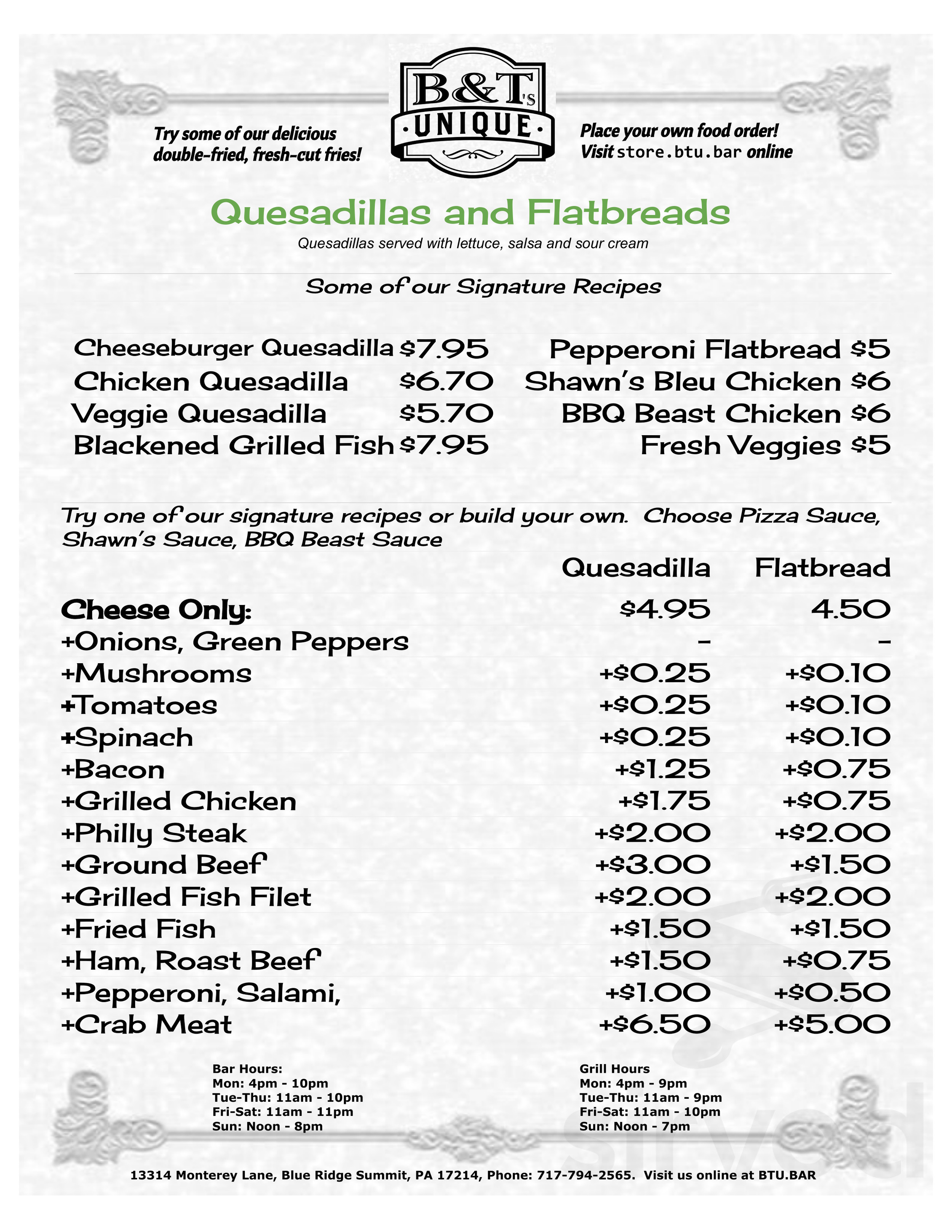 Unique Bar & Grill menu in Blue Ridge Summit, Pennsylvania, USA