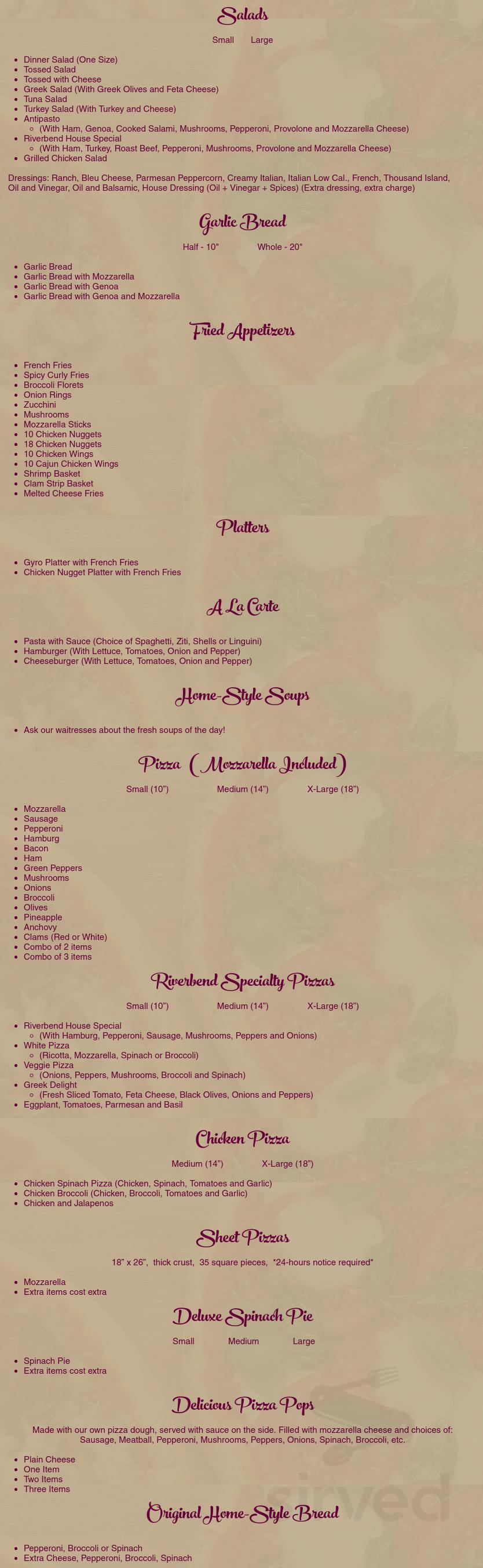 Riverbend Pizza and restaurant menu in Southington, Connecticut, USA