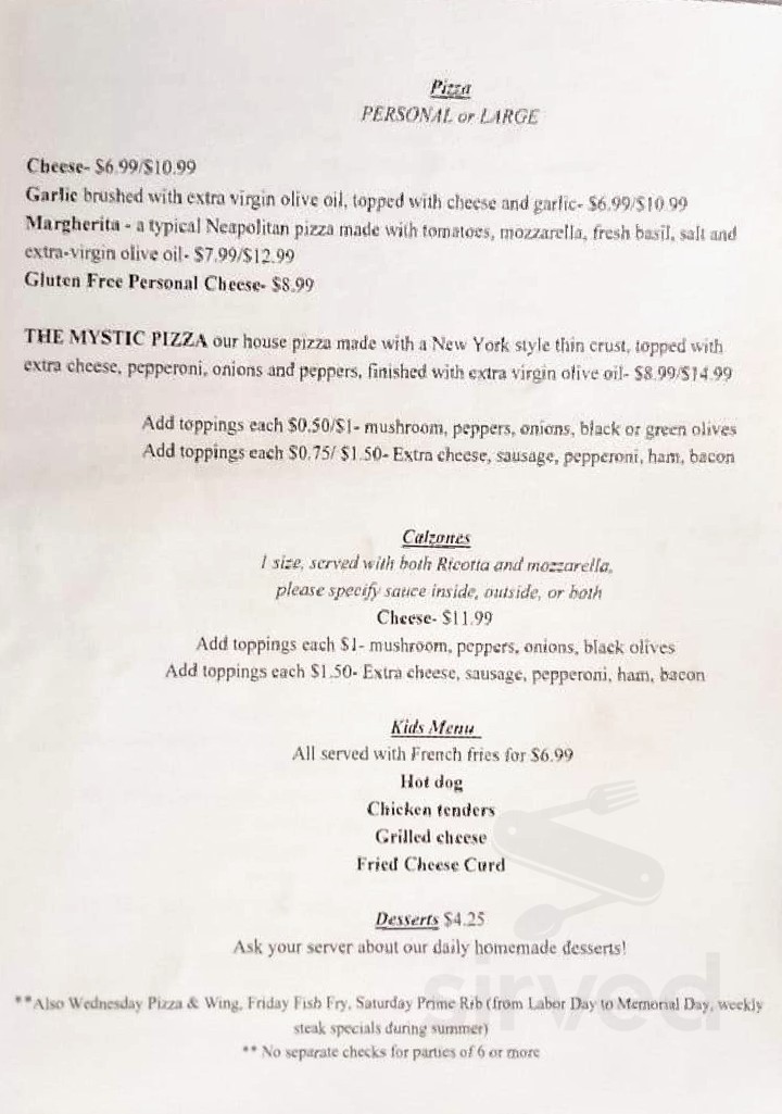 The Mystic River Cafe menu in Harrisville, New York, USA