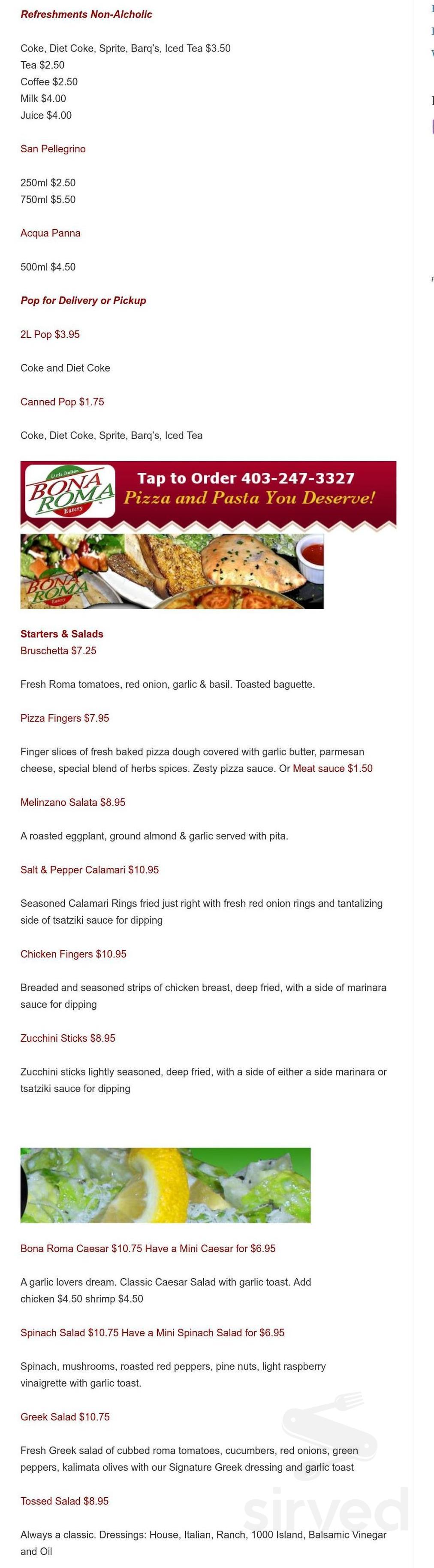 Bona Roma Little Italian Eatery menu in Calgary, Alberta, Canada
