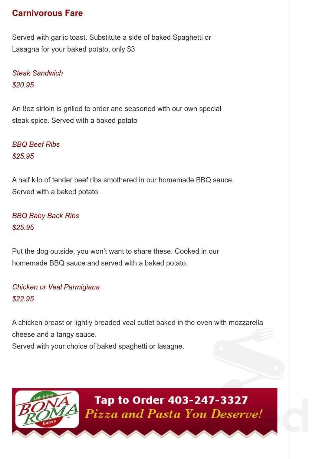 Bona Roma Little Italian Eatery menu in Calgary, Alberta, Canada