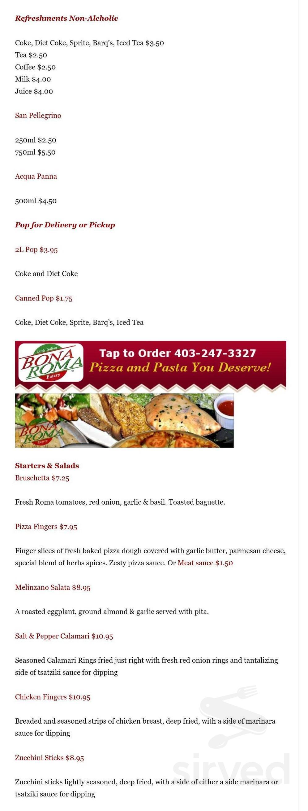 Bona Roma Little Italian Eatery menu in Calgary, Alberta, Canada