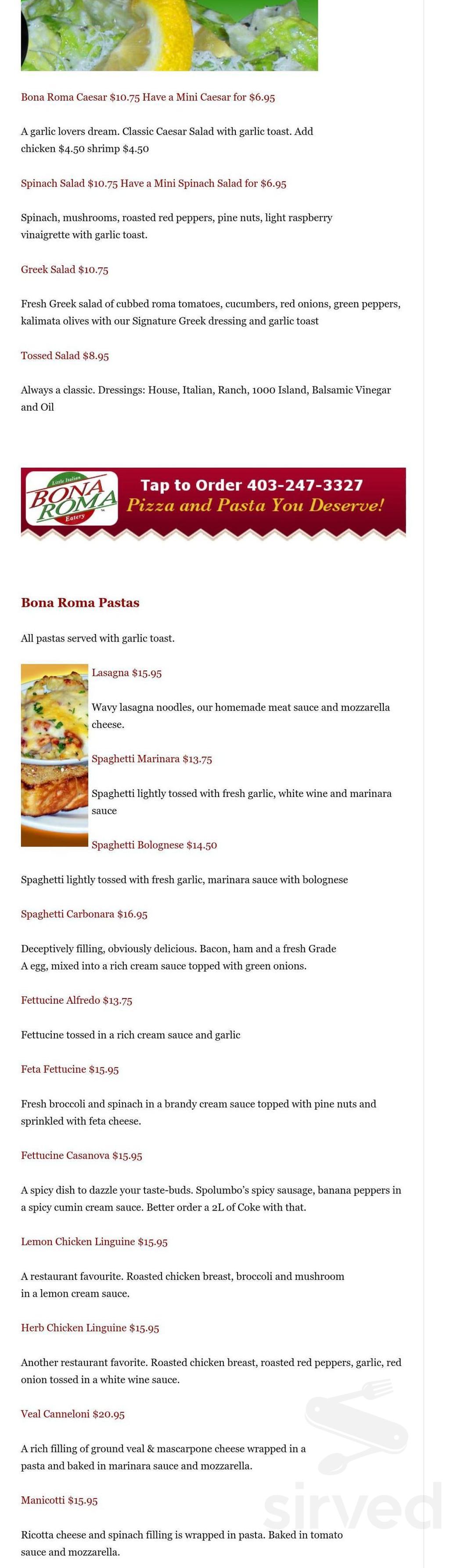 Bona Roma Little Italian Eatery menu in Calgary, Alberta, Canada