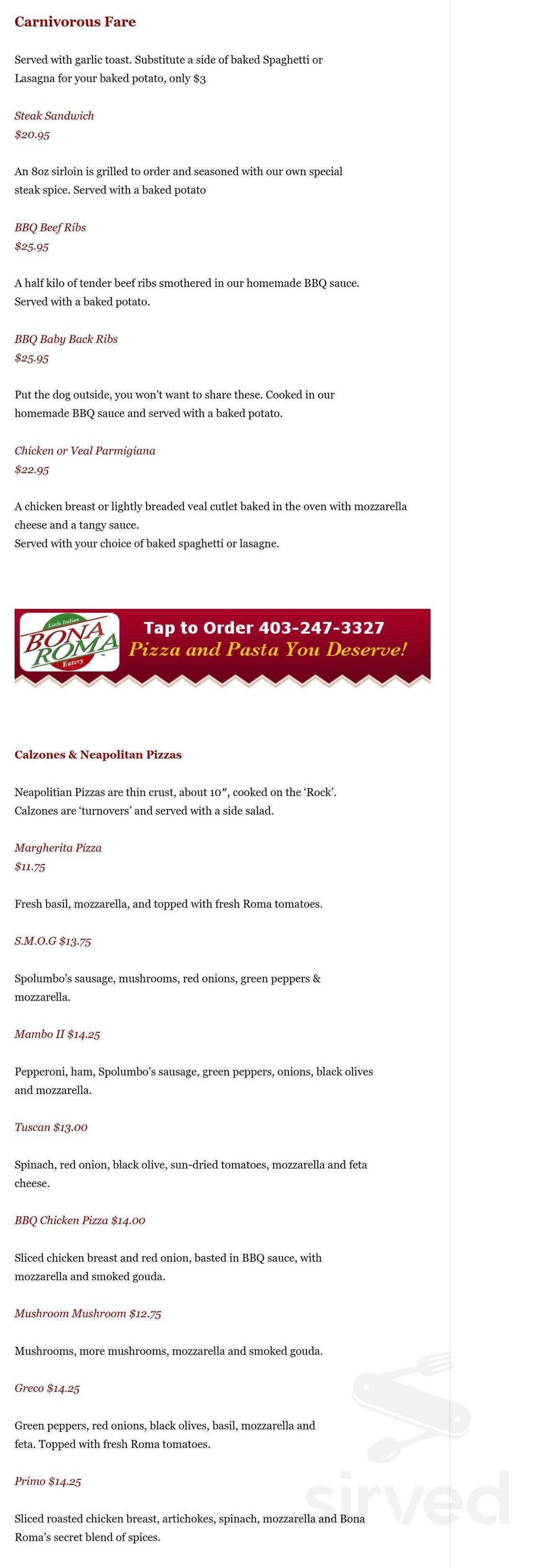 Bona Roma Little Italian Eatery menu in Calgary, Alberta, Canada