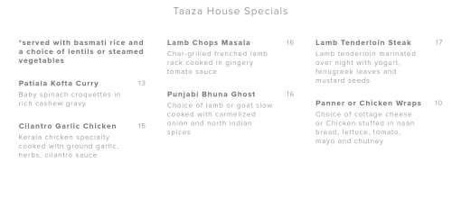 Taaza Bistro menu in Burlington, North Carolina, USA