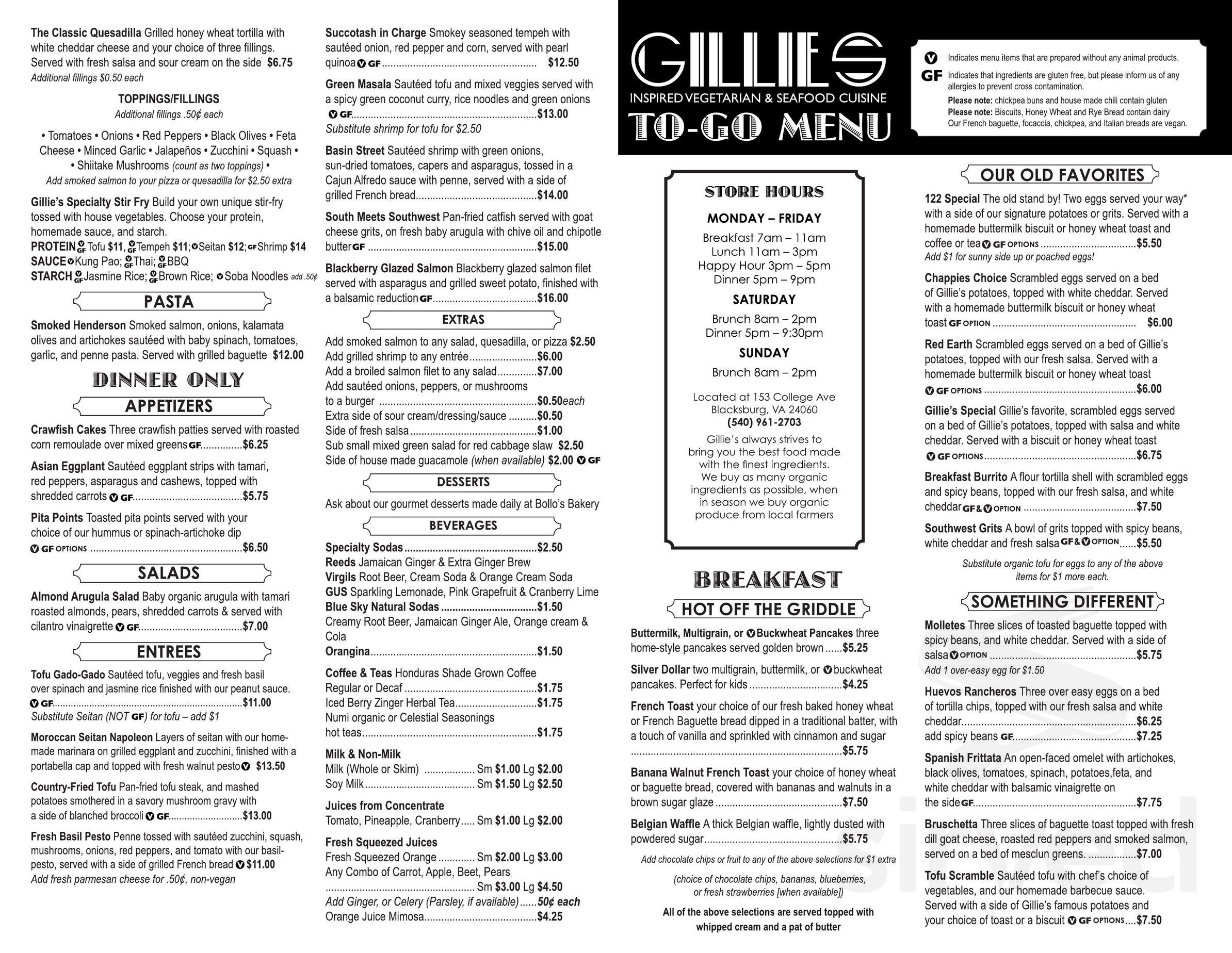 Gillie's Inc menu in Blacksburg, Virginia, USA