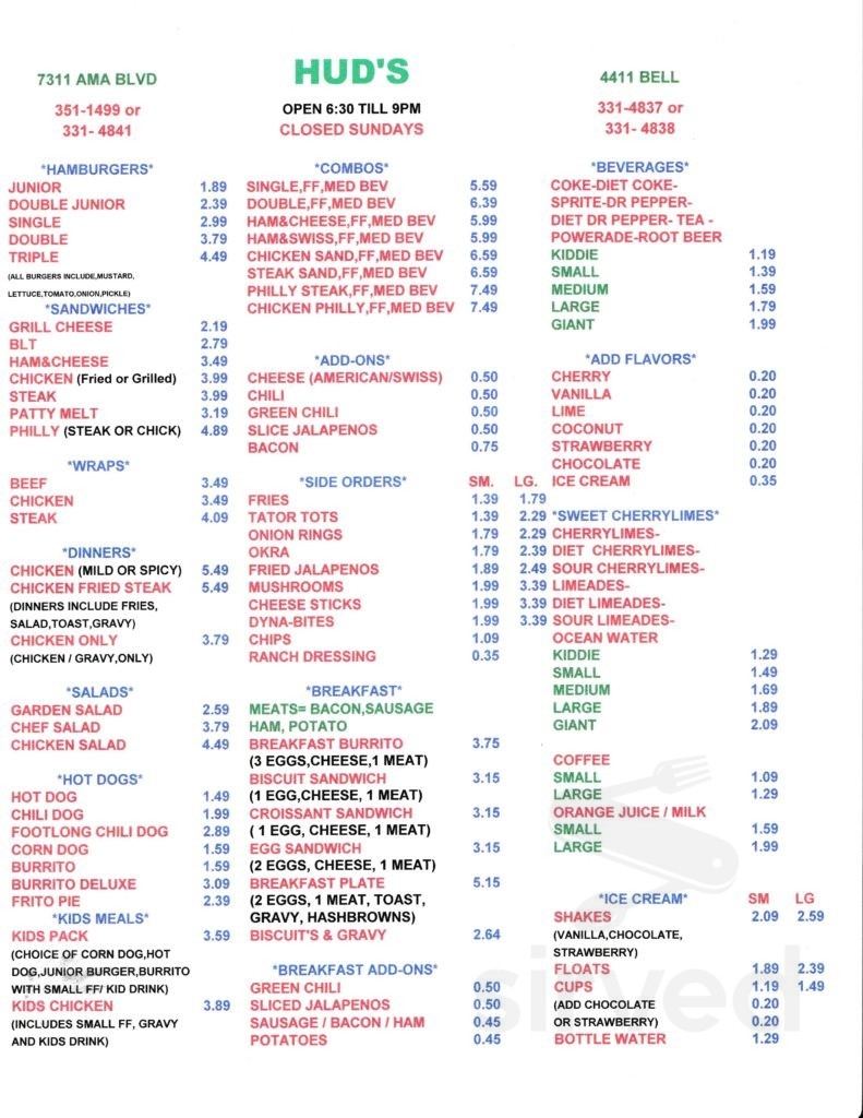Menu for Hud's in Amarillo, TX | Sirved