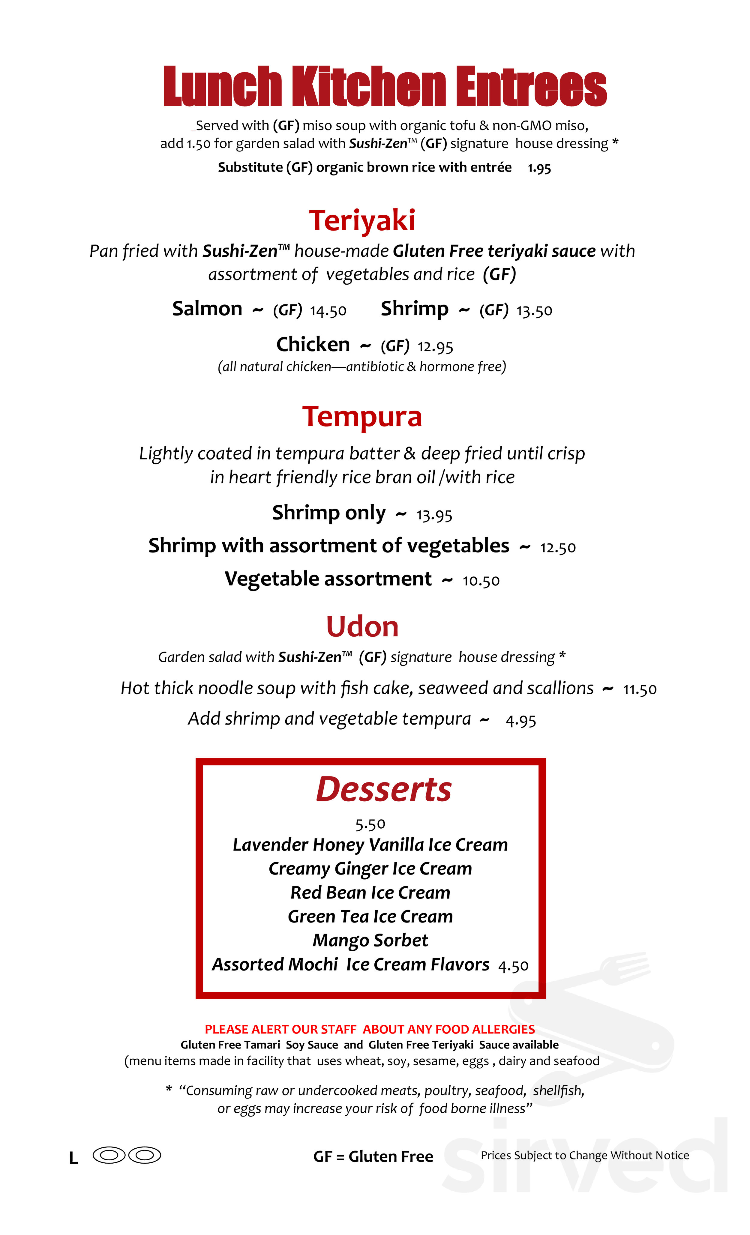 Sushi-Zen menu in Arlington, Virginia, USA