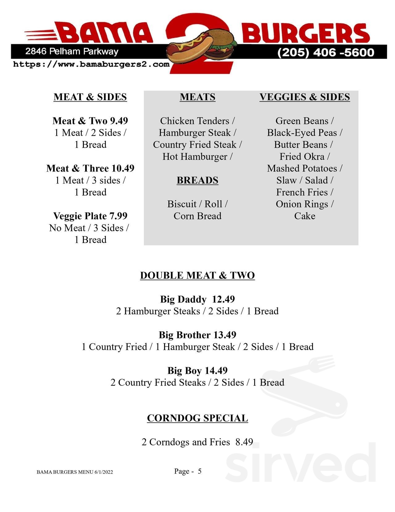 Menu for Bama Burgers 2 in Pelham, AL | Sirved