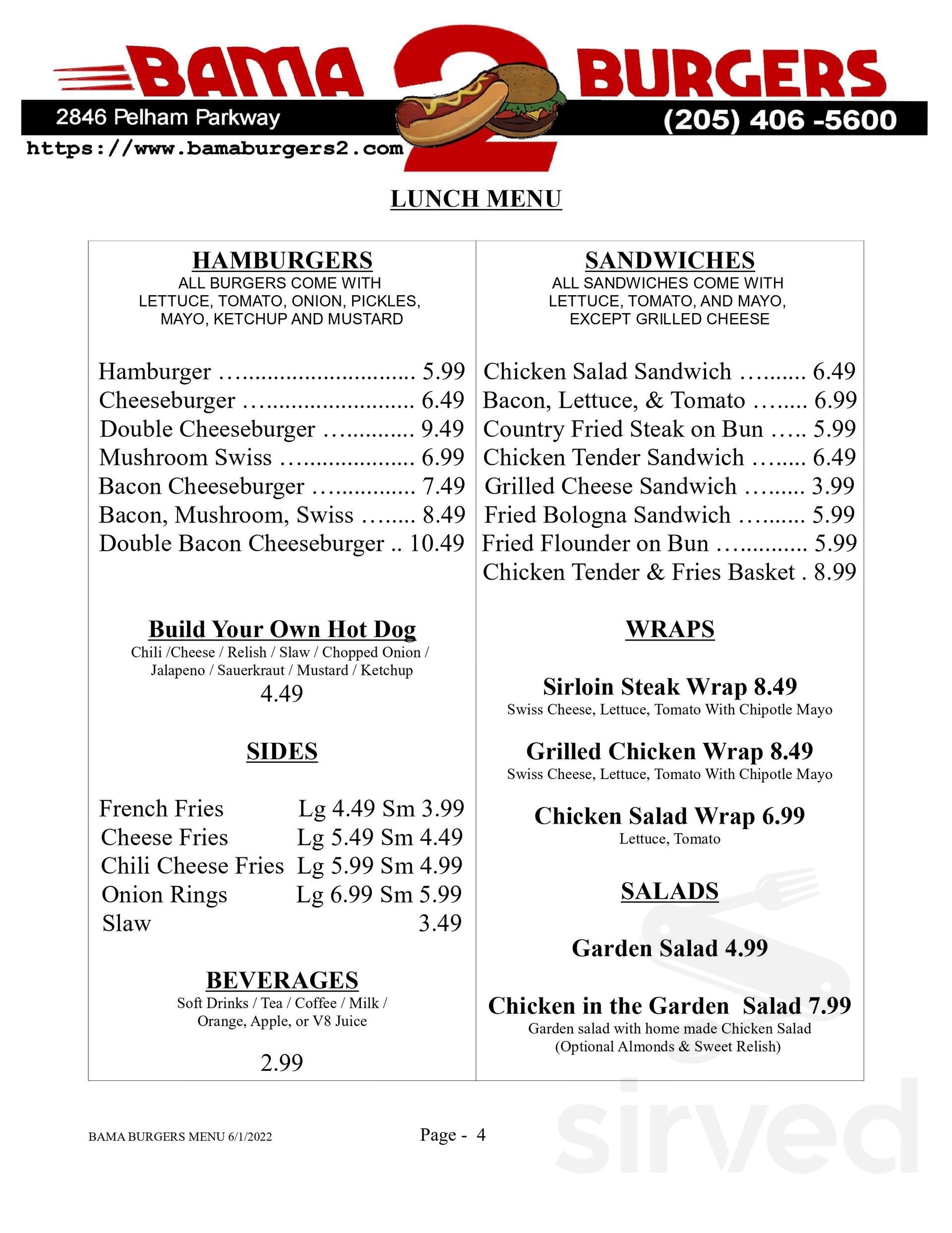 Menu for Bama Burgers 2 in Pelham, AL | Sirved