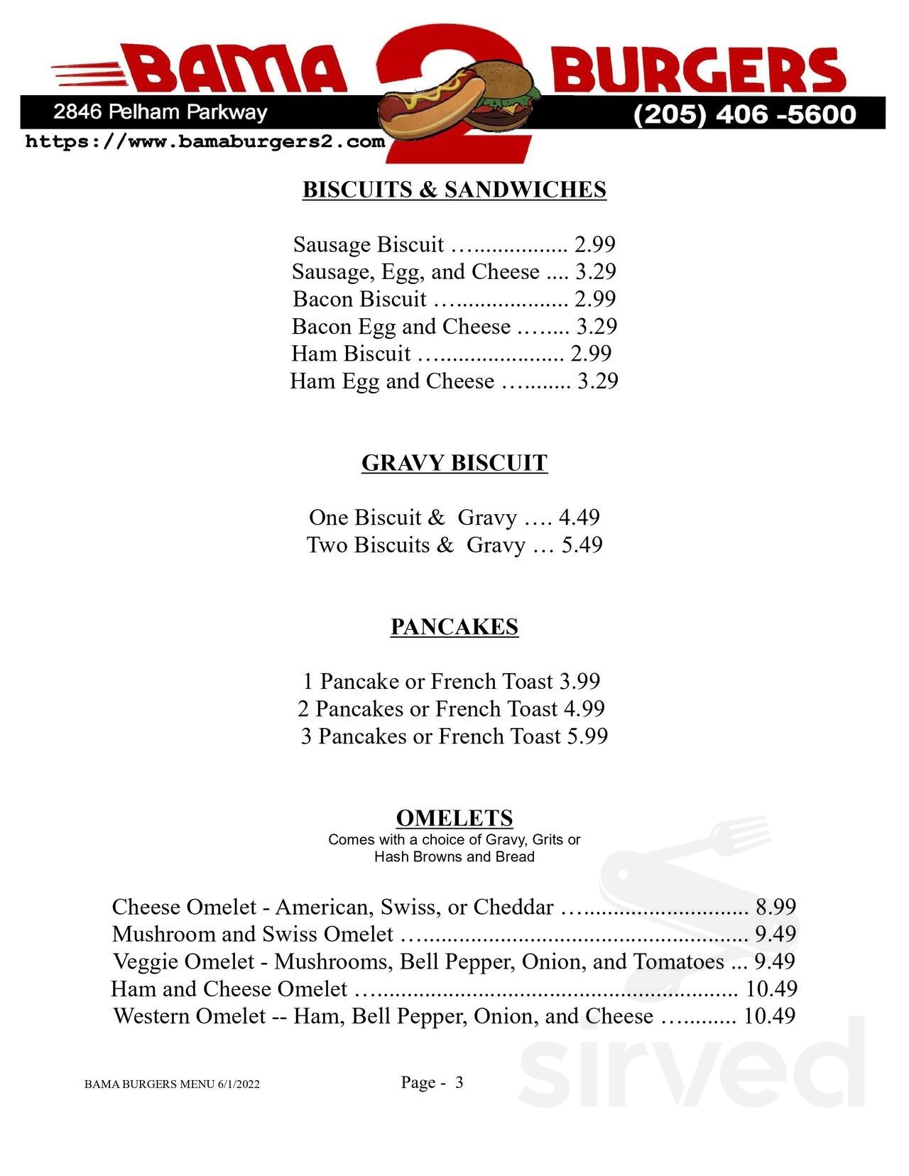 Bama Burgers 2 menus in Pelham, Alabama, United States