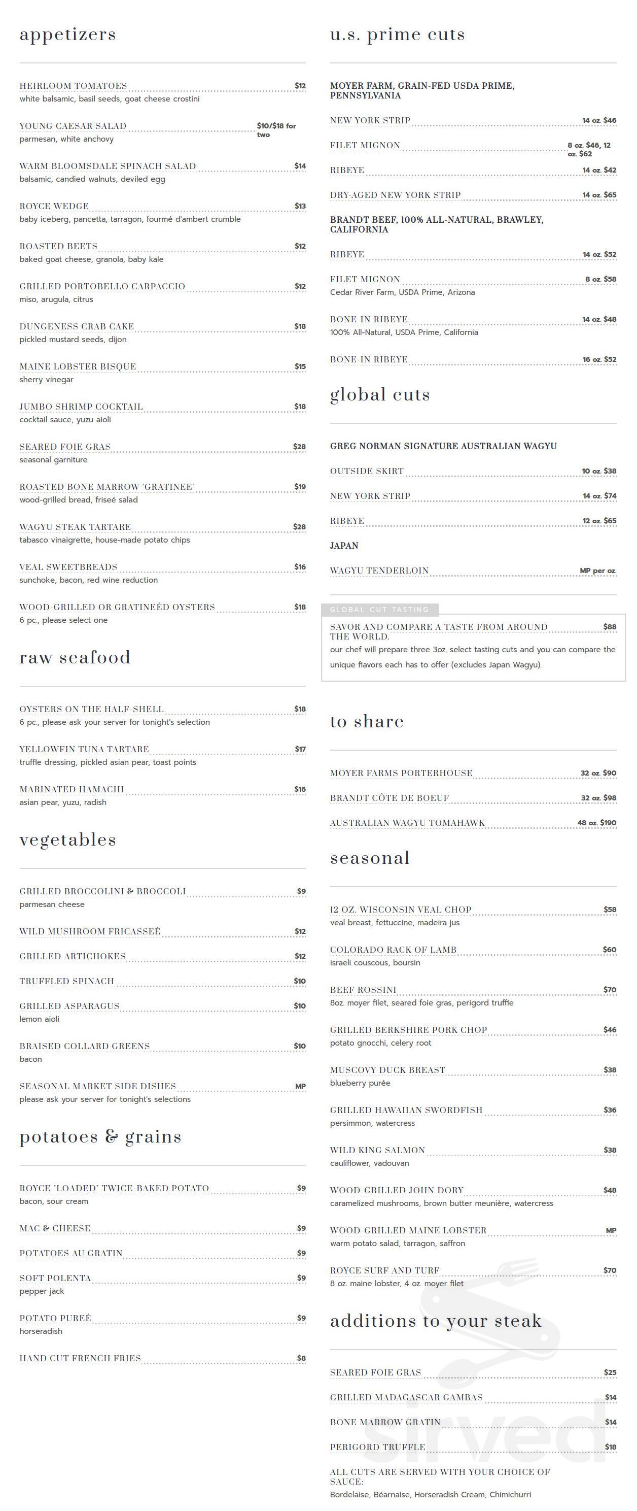 Menu for The Royce Wood Fired Steakhouse in Pasadena, CA | Sirved