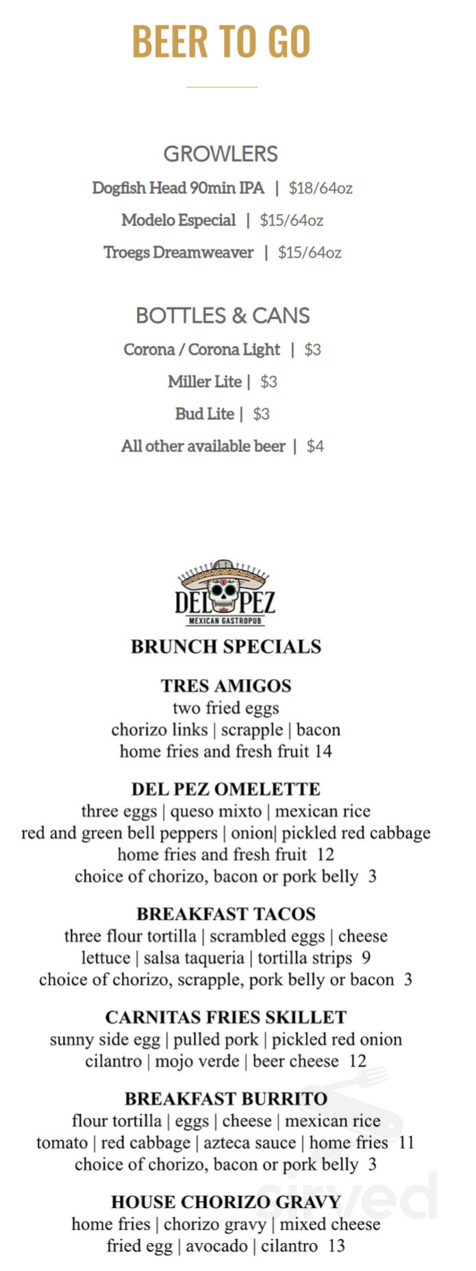 Del Pez Mexican Gastropub Menu - Wilmington, Delaware | Sirved
