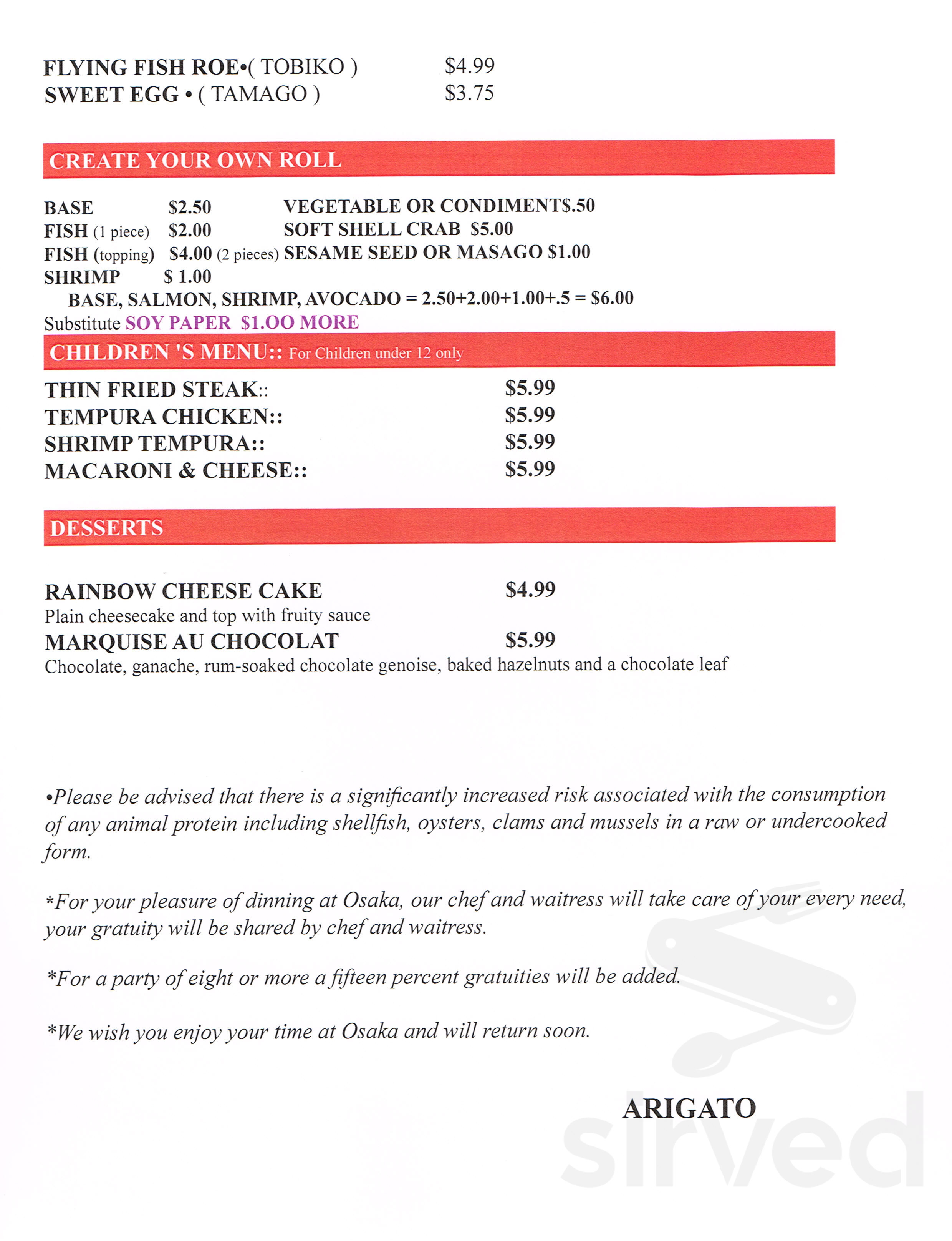 Osaka Steakhouse & Sushi Bar menu in Tulsa, Oklahoma, USA