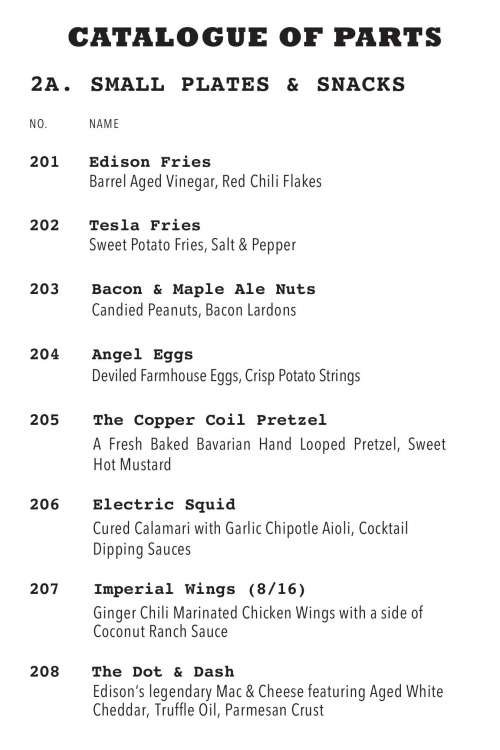 The Edison menu in Los Angeles, California, USA