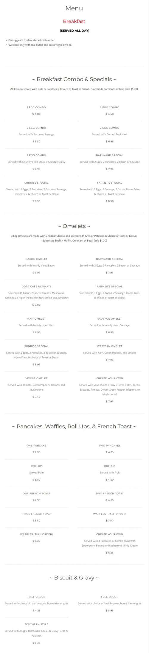 Dora Cafe menu in Mt Dora, Florida, USA