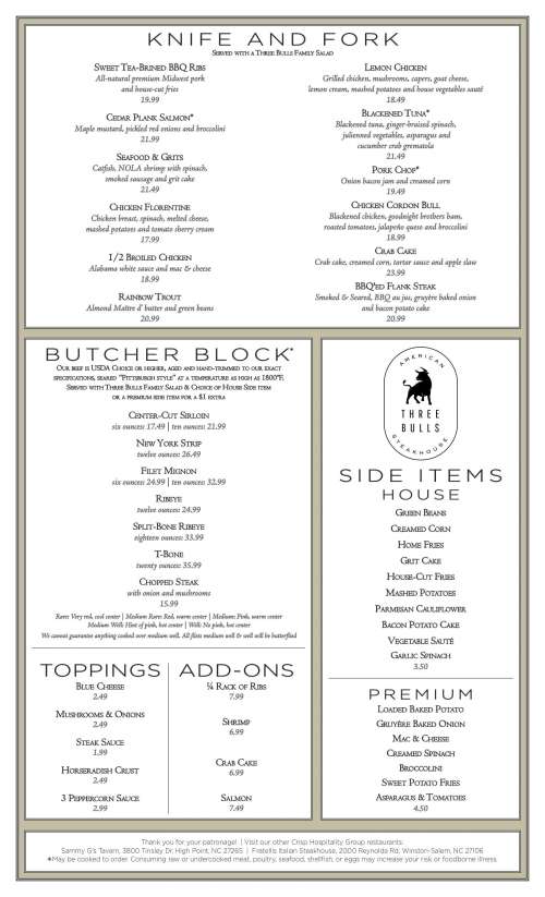 Three Bulls American Steakhouse menu in Clemmons, North Carolina, USA